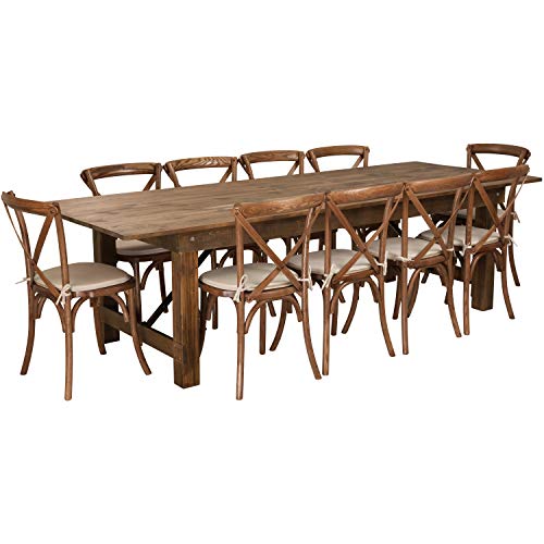 Flash Furniture HERCULES Series 9' x 40'' Antique Rustic Folding Farm Table Set with 10 Cross Back Chairs and Cushions