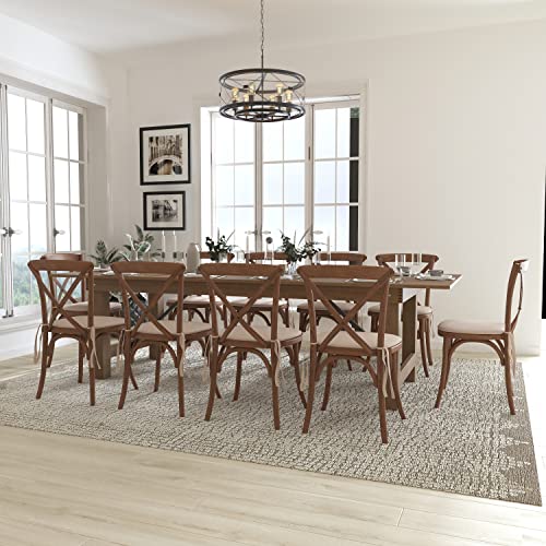 Flash Furniture HERCULES Series 9' x 40'' Antique Rustic Folding Farm Table Set with 10 Cross Back Chairs and Cushions