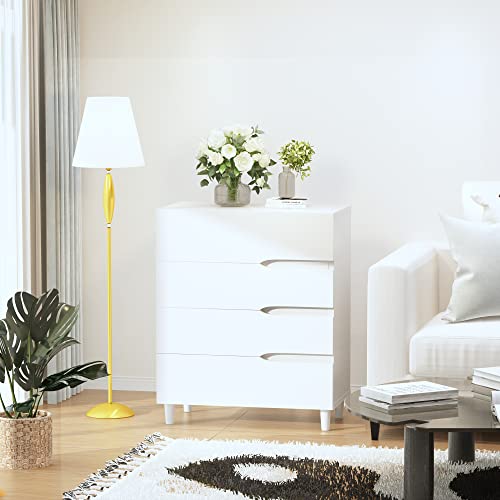 AWQM 4 White Drawer Dressers for Bedroom, Wooden Chest of 4 Drawers, Modern Wide Storage File Cabinet Unit Nightstand for Bedroom, Office, Living Room (White)