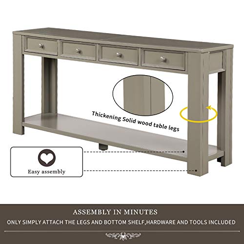 P PURLOVE Console Table for Entryway Hallway Easy Assembly 64" Long Sofa Table with Drawers and Bottom Shelf (64", Antique Grey)