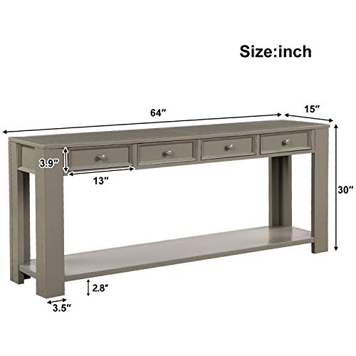 P PURLOVE Console Table for Entryway Hallway Easy Assembly 64" Long Sofa Table with Drawers and Bottom Shelf (64", Antique Grey)