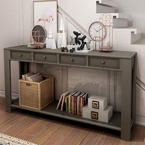 P PURLOVE Console Table for Entryway Hallway Easy Assembly 64" Long Sofa Table with Drawers and Bottom Shelf (64", Antique Grey)