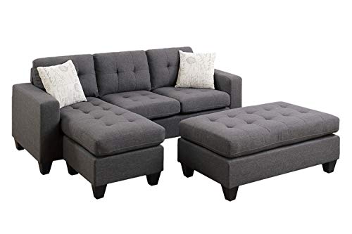 Poundex One Sectional with Ottoman and 2 Pillows in Gray, Blue Grey