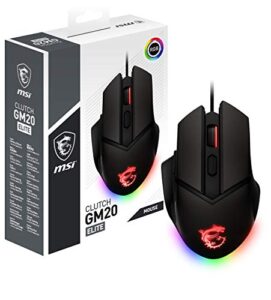 msi clutch gm20 elite gaming mouse, 6400 dpi, 20m+ clicks omron switch, optical sensor, adjustable weights, ergonomic right hand design, rgb mystic light