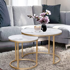 aboxoo coffee table nesting white set of 2 side set golden frame circular and marble pattern wooden tables, living room bedroom apartment modern industrial simple nightstand