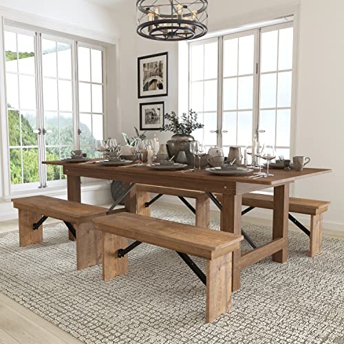 Flash Furniture HERCULES Series 8' x 40'' Antique Rustic Folding Farm Table and Four 40.25"L Bench Set