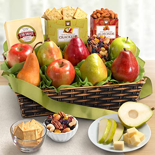 Classic Fresh Fruit Basket Gift with Crackers, Cheese and Nuts for Christmas, Holiday, Birthday, Corporate