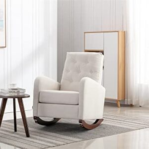 Rocking Chair Modern,Upholstered Glider Rocker Chair for Nursery,Comfy Armchair with Side Pocket for Living Room (White)