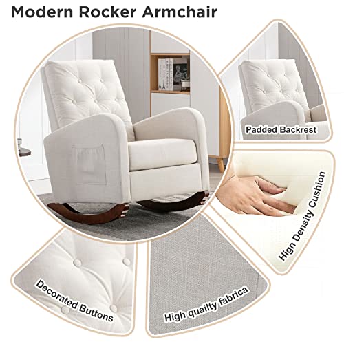 Rocking Chair Modern,Upholstered Glider Rocker Chair for Nursery,Comfy Armchair with Side Pocket for Living Room (White)