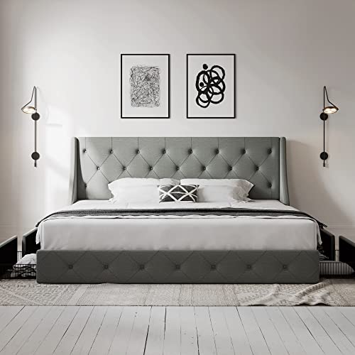 Allewie King Size Bed Frame with 4 Storage Drawers and Wingback Headboard, Button Tufted Design, No Box Spring Needed, Light Grey