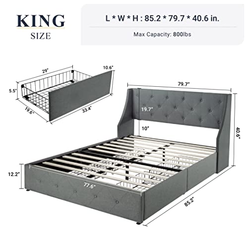 Allewie King Size Bed Frame with 4 Storage Drawers and Wingback Headboard, Button Tufted Design, No Box Spring Needed, Light Grey