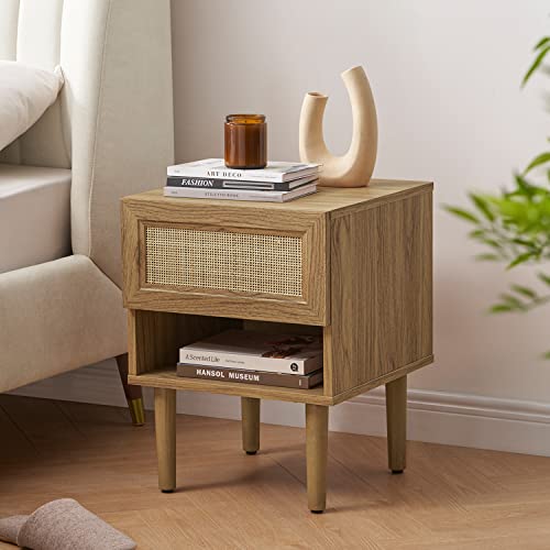 mopio Haylee Rattan Side Table Nightstand, End Table for Living Room & Bedroom to Compliment Your Bed or Sofa (Single, Natural Oak)