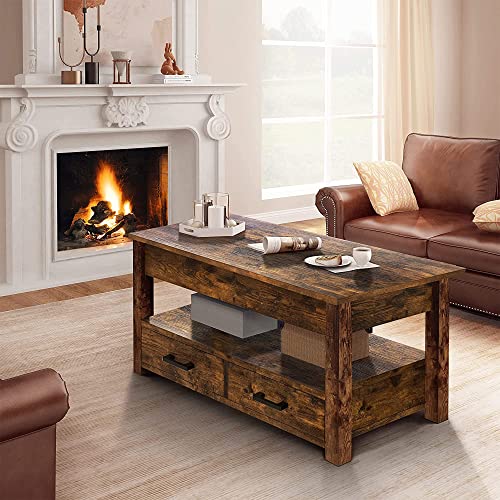 FABATO Lift Top Coffee Table with 2 Storage Drawer Hidden Compartment Open Storage Shelf for Living Room Dining Table Reception Room Rustic Brown