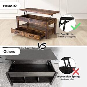 FABATO Lift Top Coffee Table with 2 Storage Drawer Hidden Compartment Open Storage Shelf for Living Room Dining Table Reception Room Rustic Brown