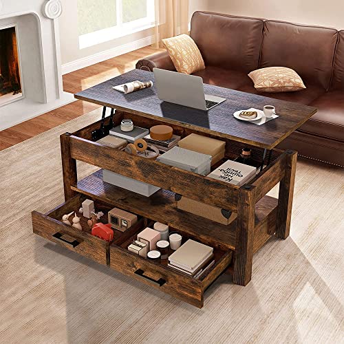 FABATO Lift Top Coffee Table with 2 Storage Drawer Hidden Compartment Open Storage Shelf for Living Room Dining Table Reception Room Rustic Brown