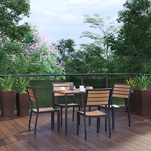 Flash Furniture 5 Piece Patio Table Set - Synthetic Teak Poly Slats - 35" Square Steel Framed Table with 4 Faux Teak Chairs