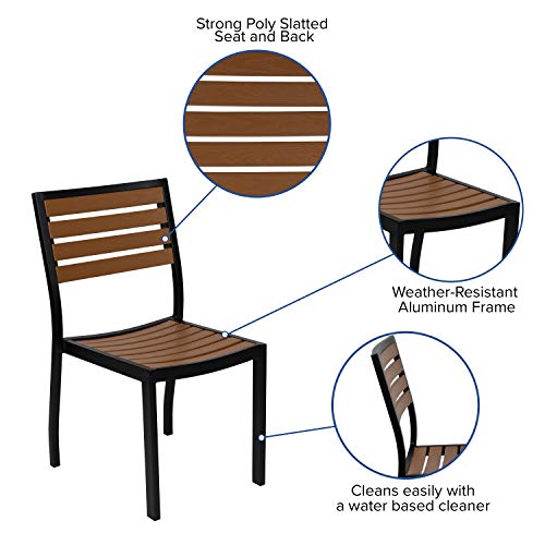 Flash Furniture 5 Piece Patio Table Set - Synthetic Teak Poly Slats - 35" Square Steel Framed Table with 4 Faux Teak Chairs