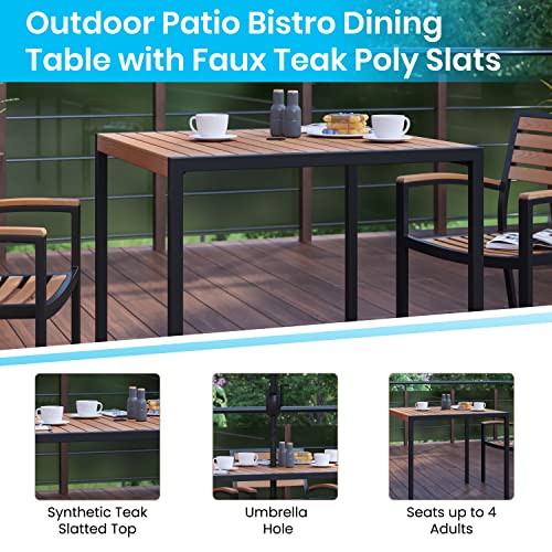 Flash Furniture 5 Piece Patio Table Set - Synthetic Teak Poly Slats - 35" Square Steel Framed Table with 4 Faux Teak Chairs