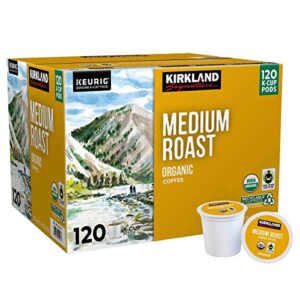 kirkland signature organic medium blend roast, recyclable k cup pods, 3 lb, 120 count