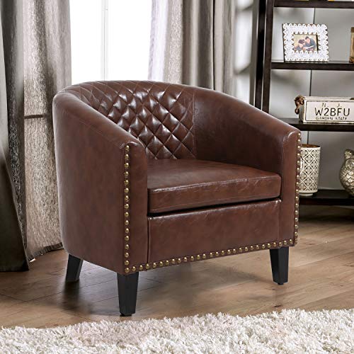 SSLine Armchair Barrel Club Chair,Modern PU Leather Accent Chair Arm Club Chair w/Nailheads and Solid Wood Legs,Tub Barrel Style Lounge Chair for Living Room Bedroom Reception Room (Brown)