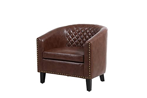 SSLine Armchair Barrel Club Chair,Modern PU Leather Accent Chair Arm Club Chair w/Nailheads and Solid Wood Legs,Tub Barrel Style Lounge Chair for Living Room Bedroom Reception Room (Brown)