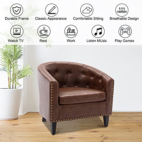 SSLine Armchair Barrel Club Chair,Modern PU Leather Accent Chair Arm Club Chair w/Nailheads and Solid Wood Legs,Tub Barrel Style Lounge Chair for Living Room Bedroom Reception Room (Brown)