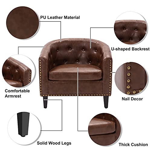 SSLine Armchair Barrel Club Chair,Modern PU Leather Accent Chair Arm Club Chair w/Nailheads and Solid Wood Legs,Tub Barrel Style Lounge Chair for Living Room Bedroom Reception Room (Brown)