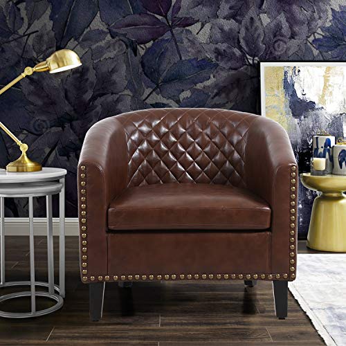 SSLine Armchair Barrel Club Chair,Modern PU Leather Accent Chair Arm Club Chair w/Nailheads and Solid Wood Legs,Tub Barrel Style Lounge Chair for Living Room Bedroom Reception Room (Brown)