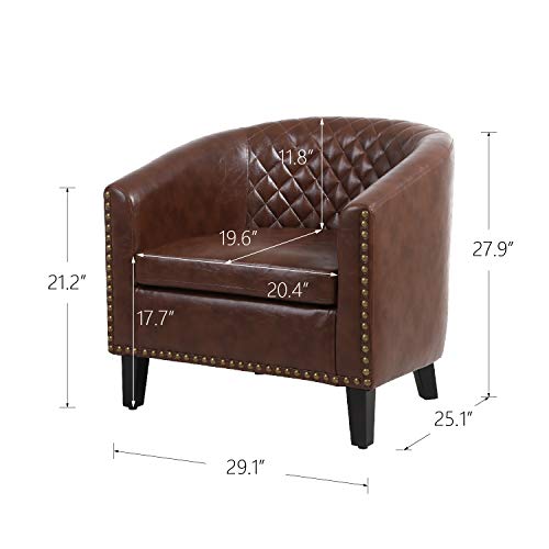 SSLine Armchair Barrel Club Chair,Modern PU Leather Accent Chair Arm Club Chair w/Nailheads and Solid Wood Legs,Tub Barrel Style Lounge Chair for Living Room Bedroom Reception Room (Brown)