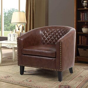 SSLine Armchair Barrel Club Chair,Modern PU Leather Accent Chair Arm Club Chair w/Nailheads and Solid Wood Legs,Tub Barrel Style Lounge Chair for Living Room Bedroom Reception Room (Brown)