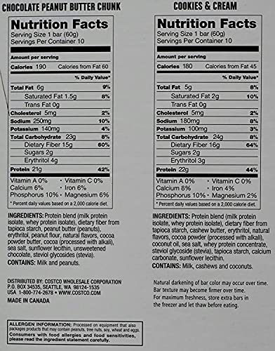 Kirkland Signature Protein Bars Chocolate Peanut Butter Chunk/ Cookies & Cream Flavor, 42.4 Oz, 20 Count