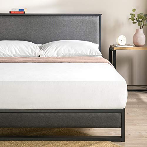 ZINUS Christina Upholstered Platform Bed Frame with Brown Headboard Shelf / No Box Spring Needed / Wood Slat Support / Easy Assembly, Queen