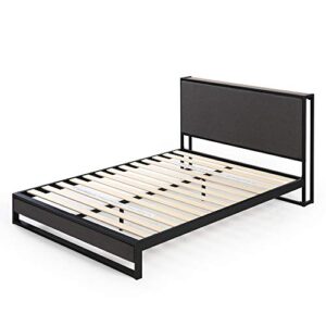 ZINUS Christina Upholstered Platform Bed Frame with Brown Headboard Shelf / No Box Spring Needed / Wood Slat Support / Easy Assembly, Queen