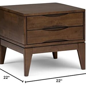 SIMPLIHOME Harper Solid Hardwood 22 inch wide Square Mid Century Modern End Side Table in Walnut Brown with Storage, 2 Drawers, for the Living Room and Bedroom