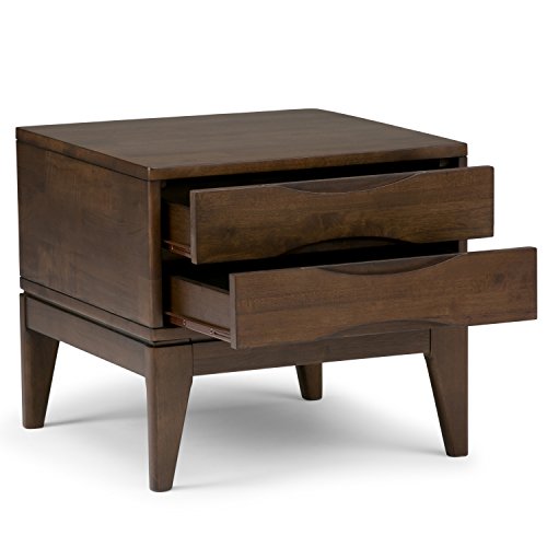 SIMPLIHOME Harper Solid Hardwood 22 inch wide Square Mid Century Modern End Side Table in Walnut Brown with Storage, 2 Drawers, for the Living Room and Bedroom