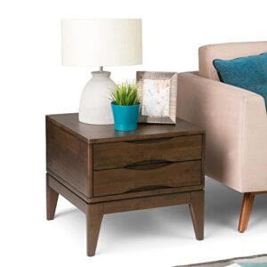 SIMPLIHOME Harper Solid Hardwood 22 inch wide Square Mid Century Modern End Side Table in Walnut Brown with Storage, 2 Drawers, for the Living Room and Bedroom