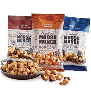 moose munch premium popcorn trio by harry & david, classic caramel, milk and dark chocolate (3-pack)