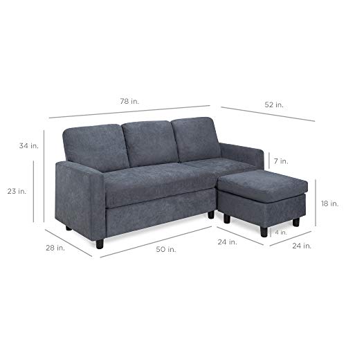 Best Choice Products Linen Sectional Sofa for Home, Apartment, Dorm, Bonus Room, Compact Spaces w/Chaise Lounge, 3-Seat, L-Shape Design, Reversible Ottoman Bench, 680lb Capacity - Blue/Gray