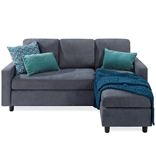 Best Choice Products Linen Sectional Sofa for Home, Apartment, Dorm, Bonus Room, Compact Spaces w/Chaise Lounge, 3-Seat, L-Shape Design, Reversible Ottoman Bench, 680lb Capacity - Blue/Gray