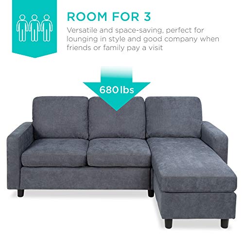 Best Choice Products Linen Sectional Sofa for Home, Apartment, Dorm, Bonus Room, Compact Spaces w/Chaise Lounge, 3-Seat, L-Shape Design, Reversible Ottoman Bench, 680lb Capacity - Blue/Gray