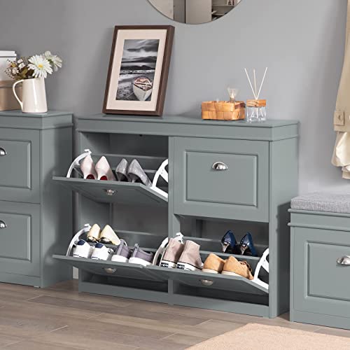 Haotian FSR79-HG, Grey Shoe Cabinet with 4 Flip Drawers, Freestanding Shoe Rack, Shoe Storage Cupboard Organizer Unit