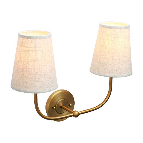 Permo Vintage Double Sconce Antique 2-Lights with Flared Funnel Linen Beige Fabric Shade