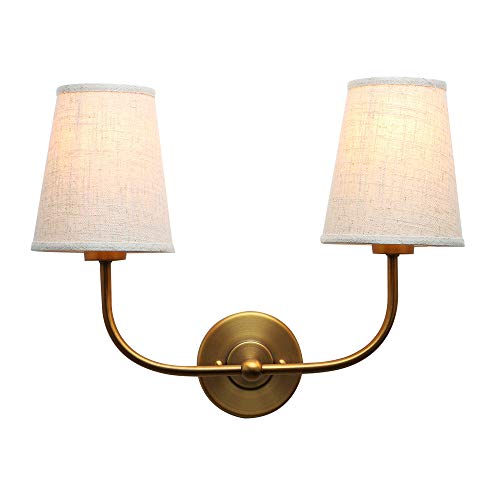 Permo Vintage Double Sconce Antique 2-Lights with Flared Funnel Linen Beige Fabric Shade