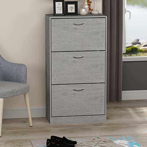 FUFU&GAGA Shoe Cabinet with 2 Flip Drawers for Entryway, Modern Shoe Storage Cabinet, Freestanding Shoe Rack Storage Organizer (23.6”W x 9.4”D x 31.4”H)(Grey-3 Flip Drawers)