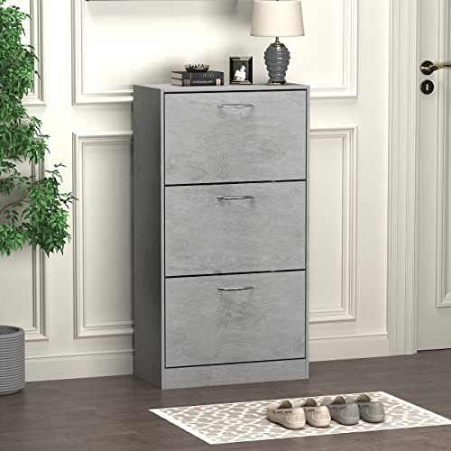 FUFU&GAGA Shoe Cabinet with 2 Flip Drawers for Entryway, Modern Shoe Storage Cabinet, Freestanding Shoe Rack Storage Organizer (23.6”W x 9.4”D x 31.4”H)(Grey-3 Flip Drawers)