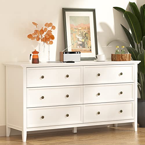 IKENO 6 Drawer Double Dresser, 55 inch Solid Wood Bedroom Dresser in White