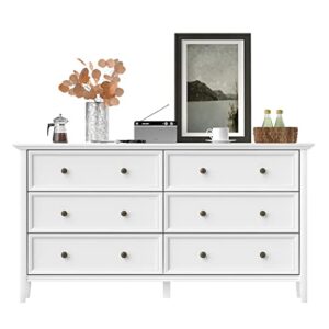 IKENO 6 Drawer Double Dresser, 55 inch Solid Wood Bedroom Dresser in White