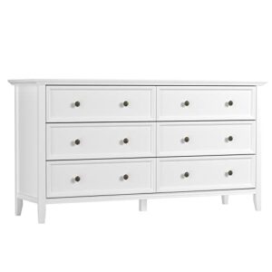 IKENO 6 Drawer Double Dresser, 55 inch Solid Wood Bedroom Dresser in White