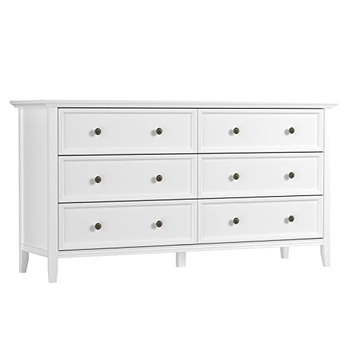 IKENO 6 Drawer Double Dresser, 55 inch Solid Wood Bedroom Dresser in White