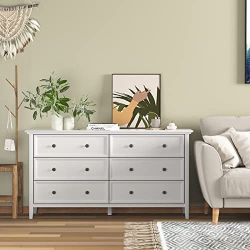 IKENO 6 Drawer Double Dresser, 55 inch Solid Wood Bedroom Dresser in White